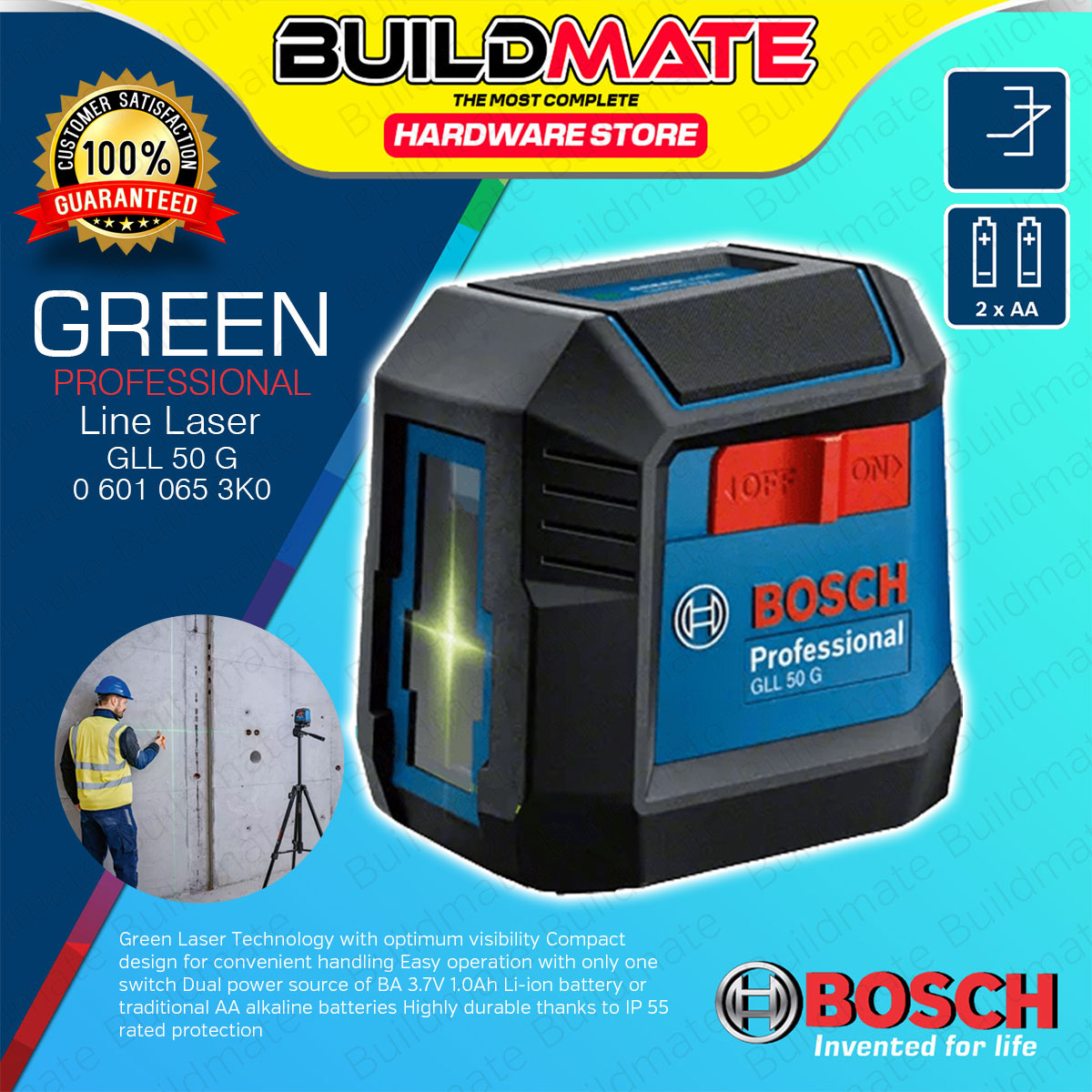 BUILDMATE Bosch Line Laser Level Self Leveling Green Dual Power Measur ...