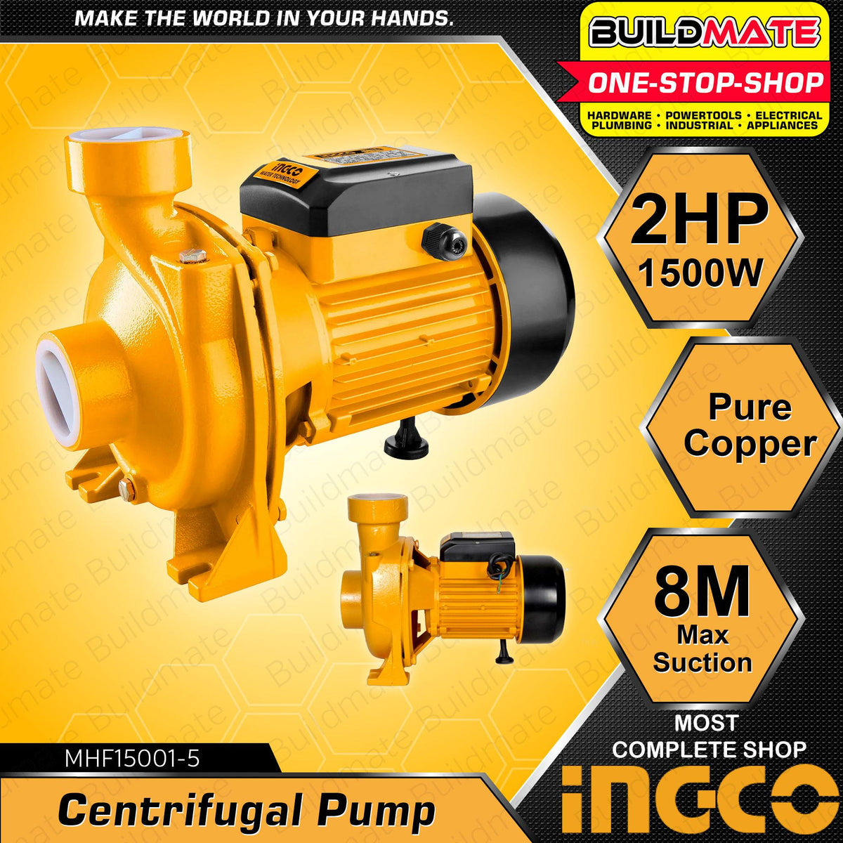 INGCO 1500W Centrifugal Pump 2HP Clear Clean Electric Water Pump Heavy ...