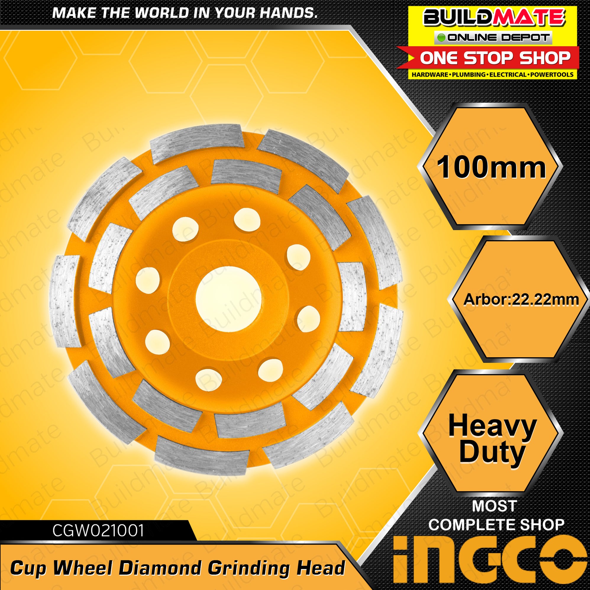 INGCO Cup Wheel Diamond Grinding Head 4" (22.22mm Arbor) Double Row Cu ...
