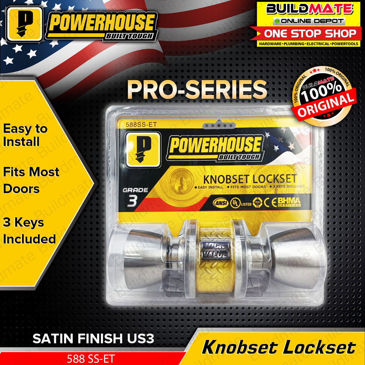 POWERHOUSE Door Knob Set Lockset 588 SS-ET •BUILDMATE• PHHT — Buildmate