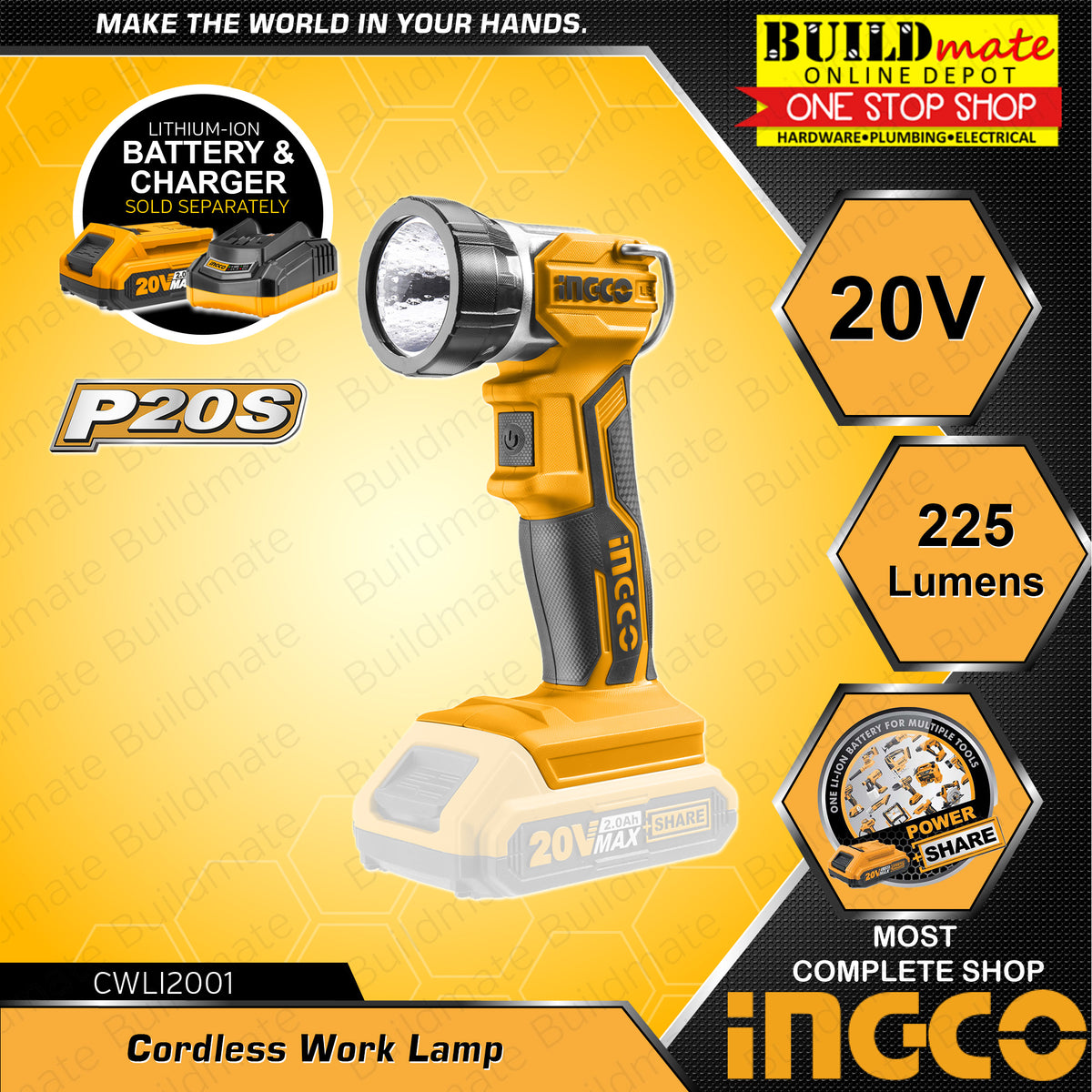 INGCO Cordless Work Lamp 3.2W 20V CWLI2001 POWERSHARE + FREE TROWEL ...