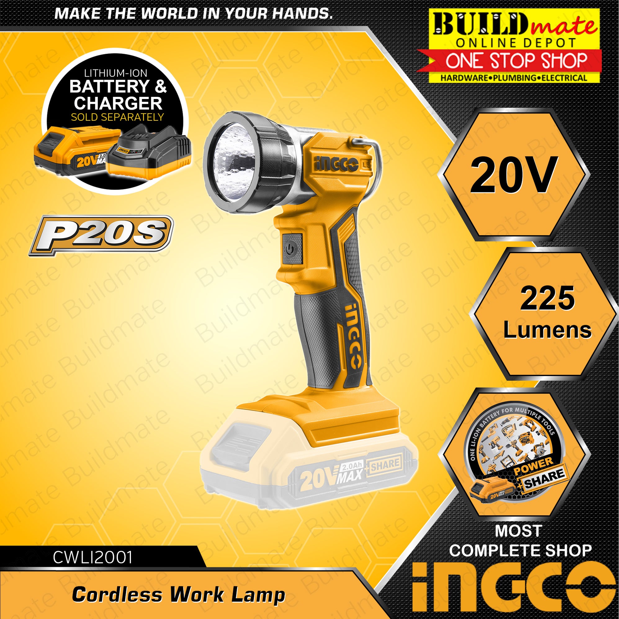 INGCO Cordless Work Lamp 3.2W 20V CWLI2001 POWERSHARE + FREE TROWEL ...