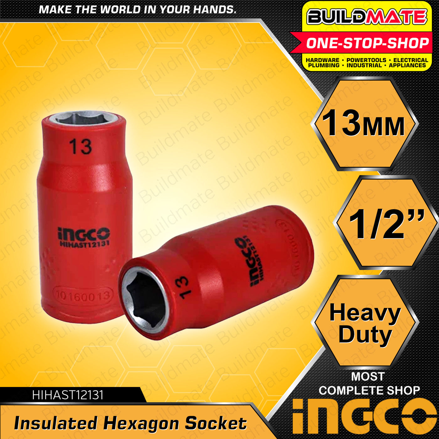 INGCO 1/2" Insulated Hexagonal Socket 10mm | 12mm | 13mm | 14mm | 16mm ...