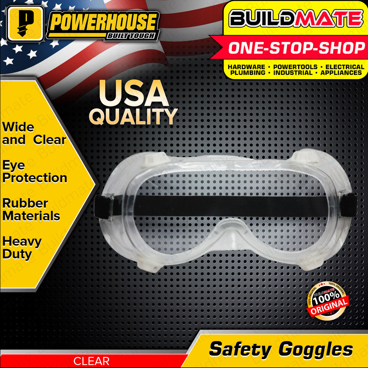 POWERHOUSE Safety Goggles Elastic Headband Lightweight Eye Protection ...