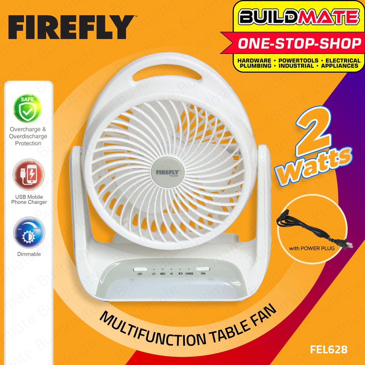 BUILDMATE Firefly Rechargeable Mini Table Fan with Built-In Dimmable E ...
