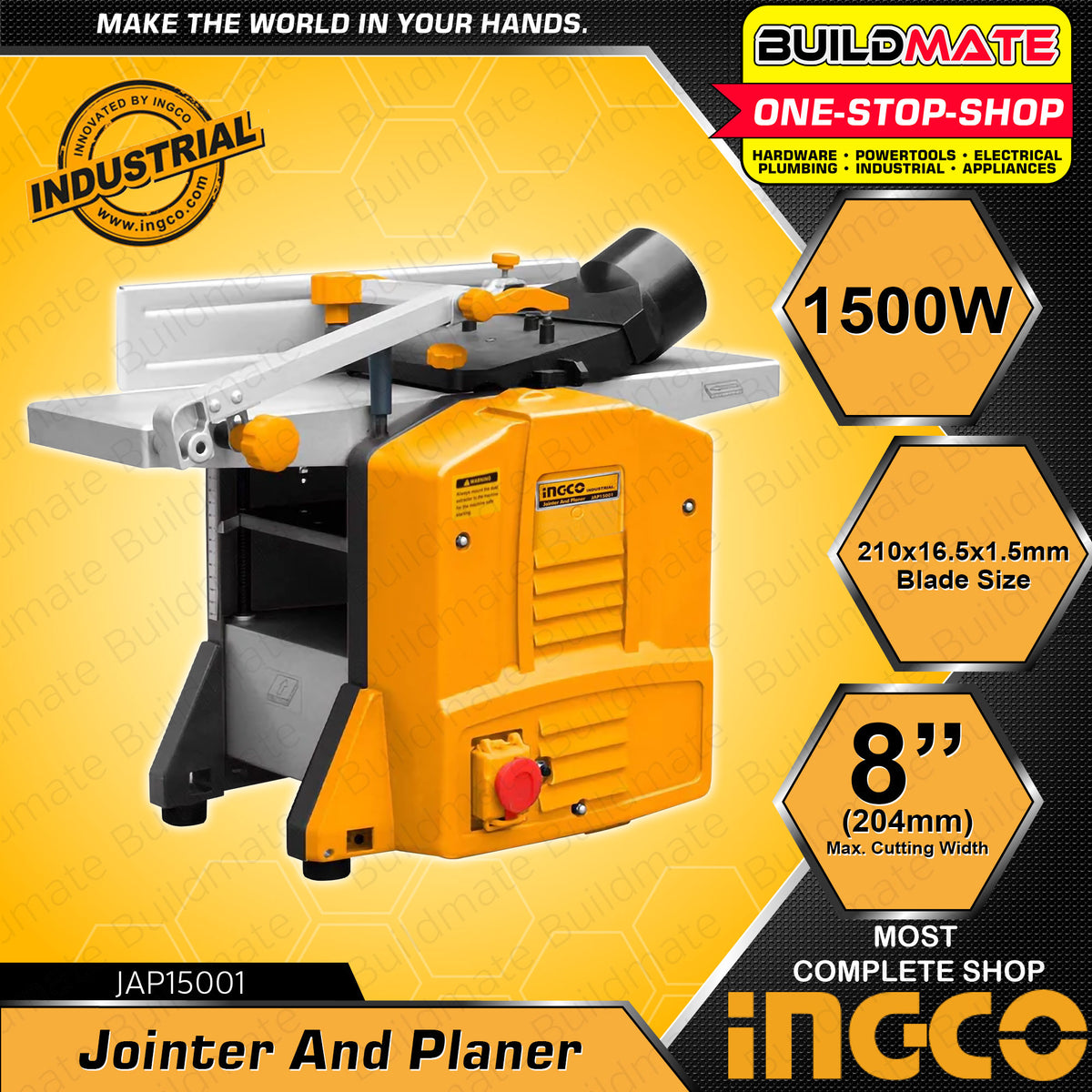 BUILDMATE Ingco Wood Jointer and Planer 1500W 8" Inch Planer/Jointer E — Buildmate