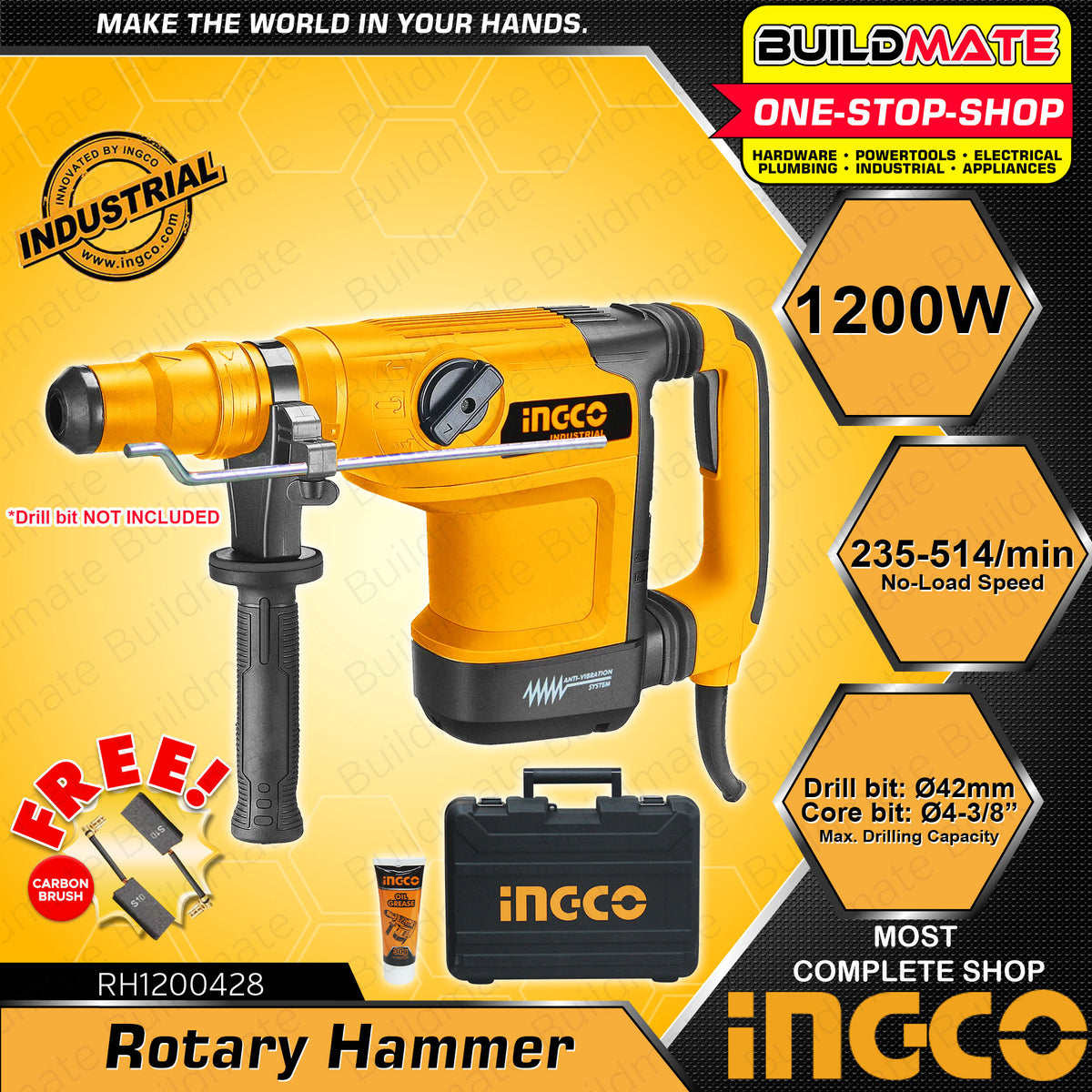 INGCO Anti Vibration 1200W Industrial Rotary Hammer Drill SDS Variable ...