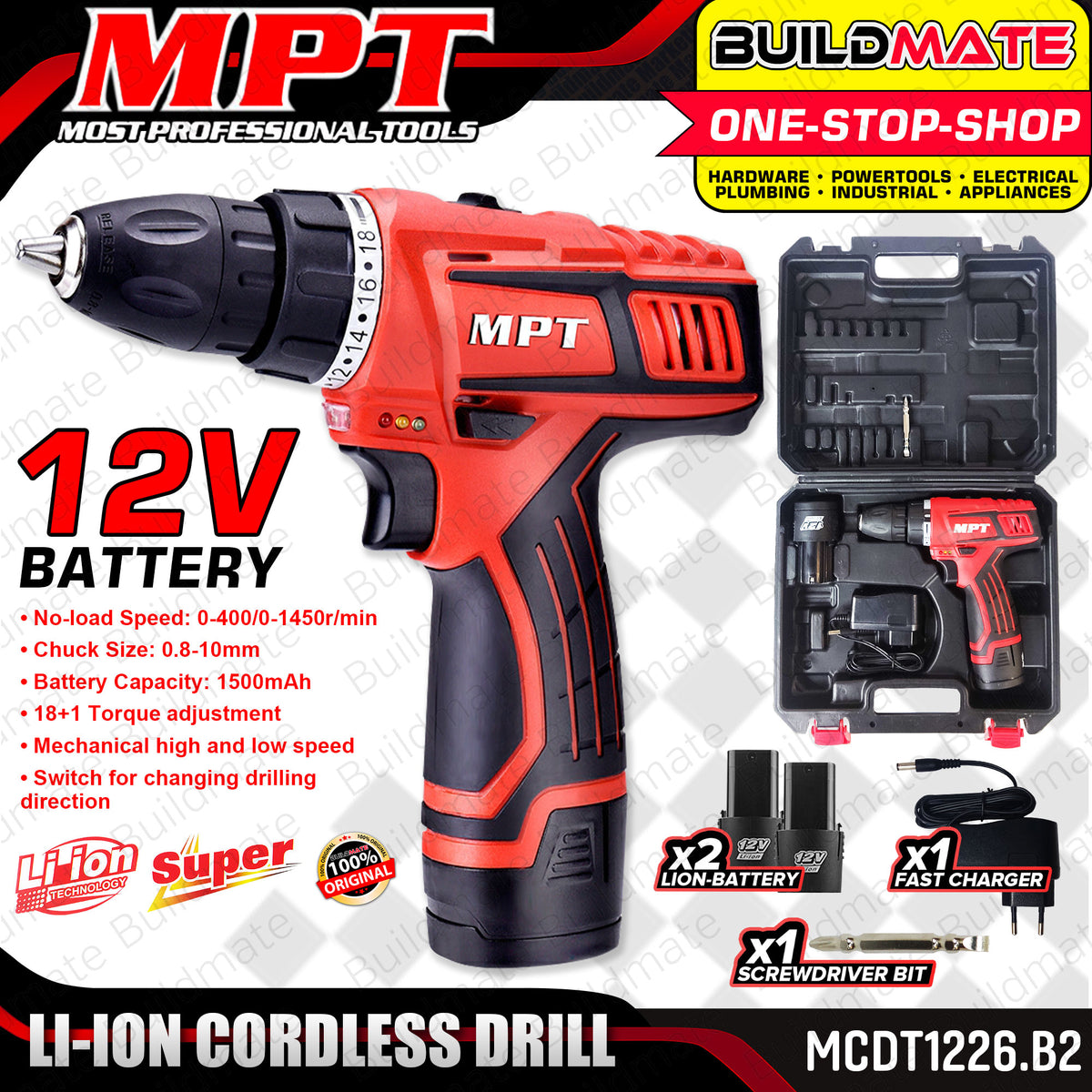 BUILDMATE MPT Cordless Drill Gun 12V with Battery & Charger Driver-Dri ...