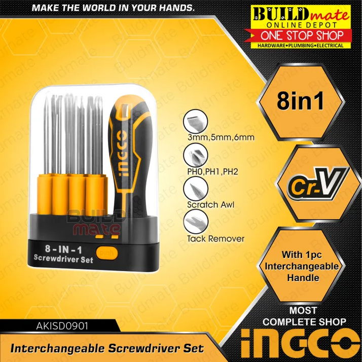 INGCO 8 IN 1 Interchangeable Screwdriver SET AKISD0901 •BUILDMATE• IHT ...
