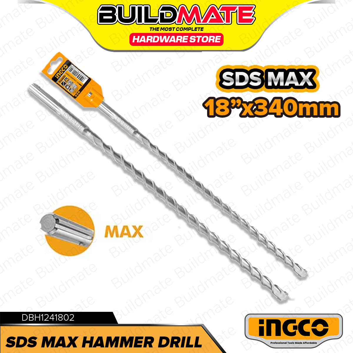 BUILDMATE Ingco 18x340mm Max Hammer Drill Bit For Drilling Holes in Co ...