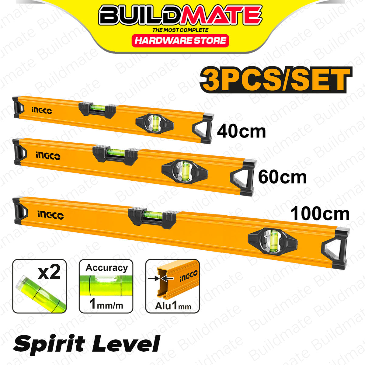 BUILDMATE Ingco 3PCS/SET Spirit Level 40CM-100CM Leveling Tool Spirit ...