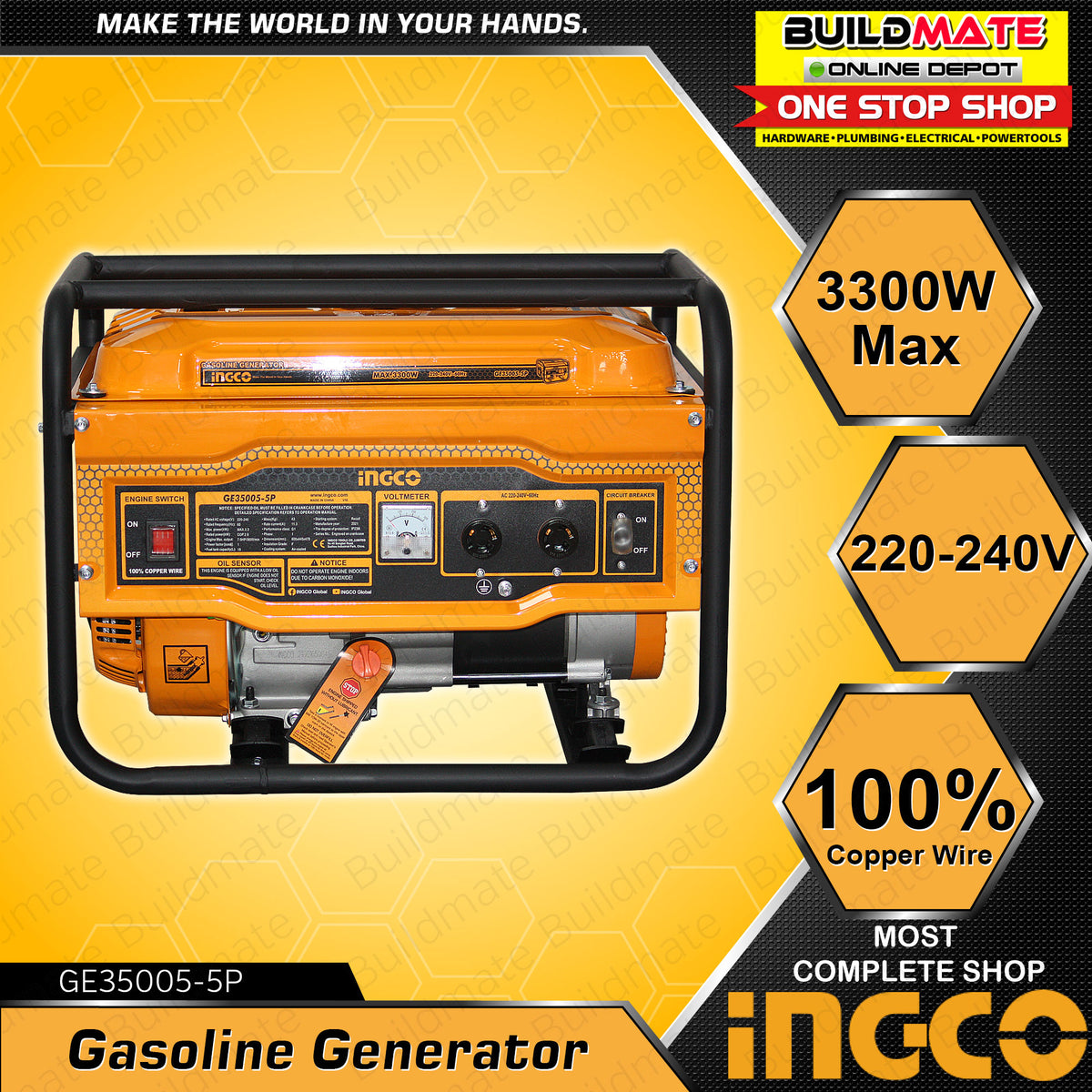 INGCO Gasoline Generator 15L 3.5KVA GE35005-5P + FREE T HANDLE & BITS ...