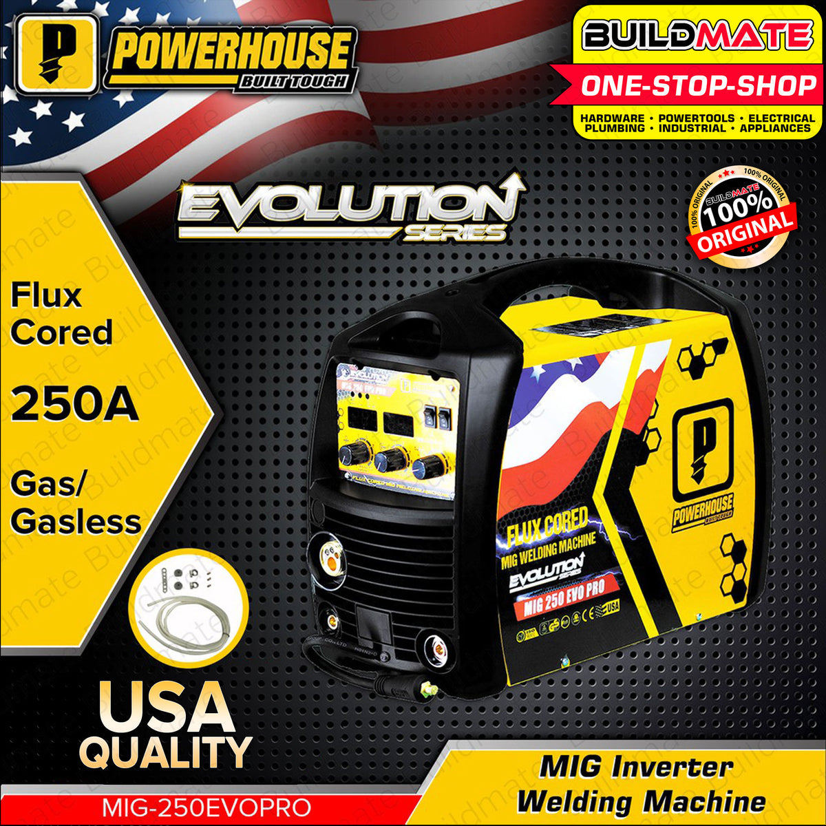 BUILDMATE Powerhouse 250A MIG EVO PRO Gas / Gasless MIGWELD Flux Cord ...