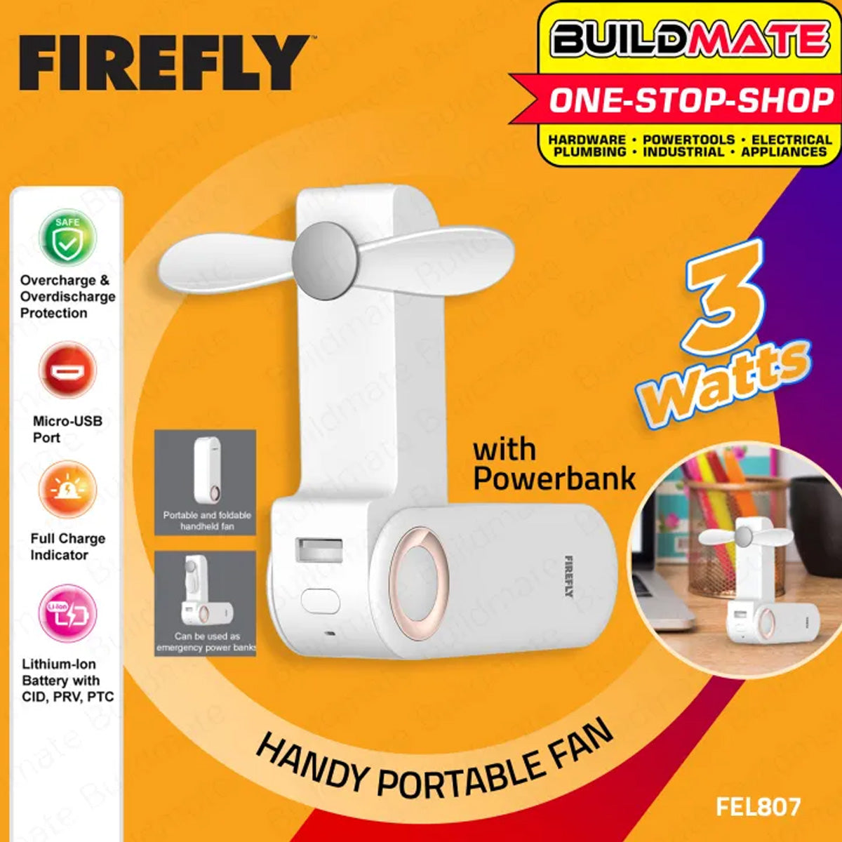 BUILDMATE Firefly Handy Foldable Fan Mini 3W | 3" Inch Multi functiona ...