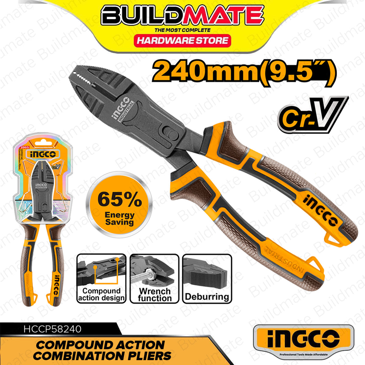 BUILDMATE Ingco 9.5 Inch/240mm Compound Action Combination Pliers Hand ...