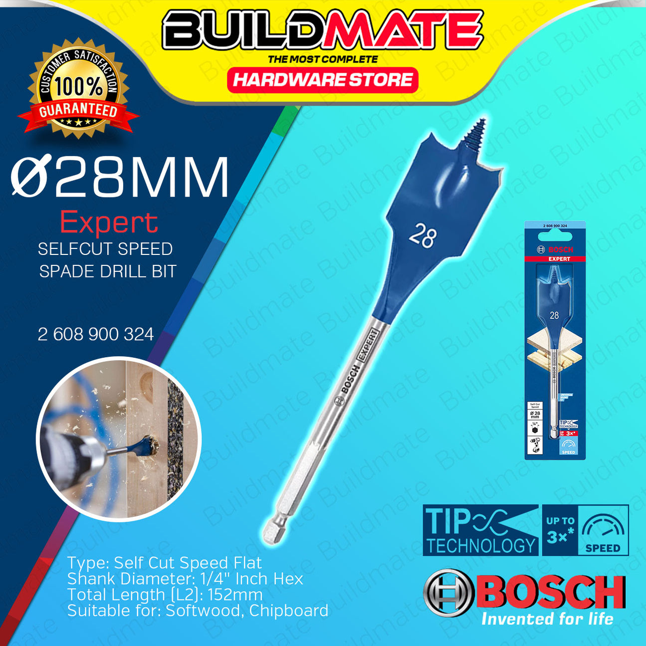 BUILDMATE Bosch 152MM Expert Self Cut Speed Spade Bits for Flat Wood D ...