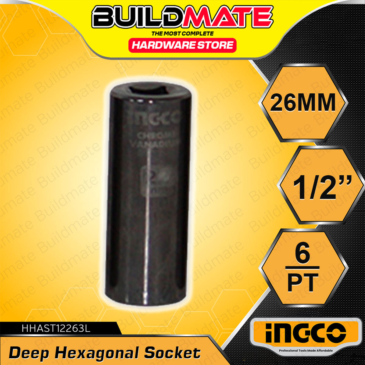 BUILDMATE Ingco 1/2" Inch Deep Hexagonal Sockets 8mm-32mm Cr-V Hexagon ...