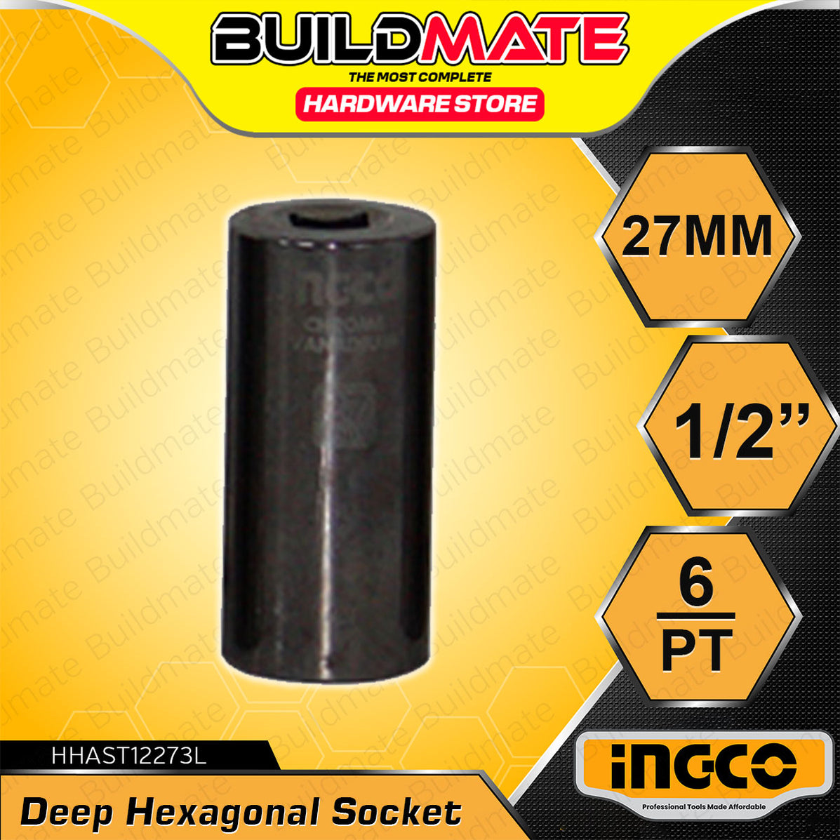 BUILDMATE Ingco 1/2" Inch Deep Hexagonal Sockets 8mm-32mm Cr-V Hexagon ...