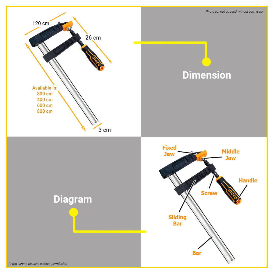 BUILDMATE Ingco F clamp with Plastic Handle (BIG SIZES) 450kg Max Clam ...