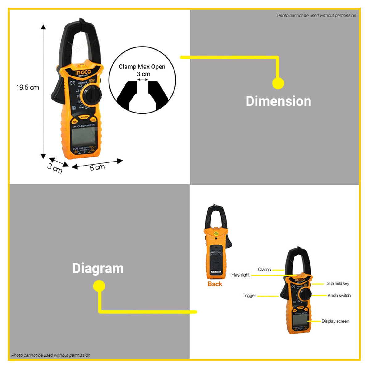 BUILDMATE Ingco Digital Clamp Meter Tester True RMS 6000 Counts Multim ...
