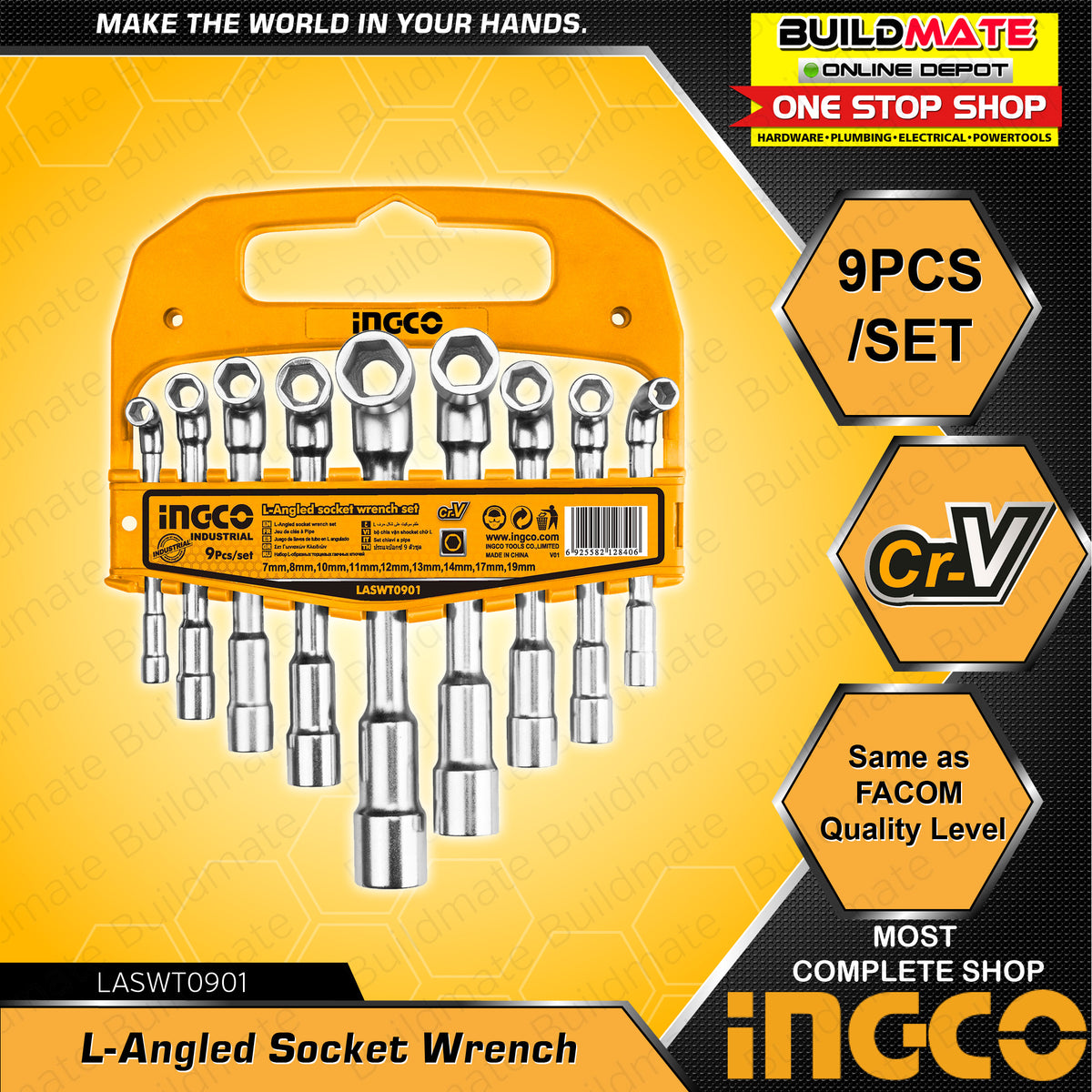 INGCO L-Angled Socket Wrench 9PCS/SET LASWT0901 •BUILDMATE• IHT — Buildmate