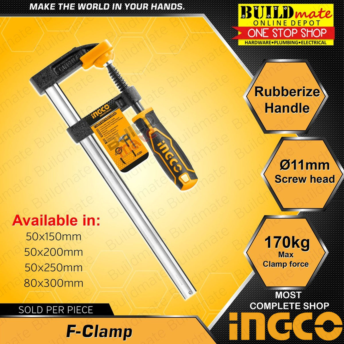 INGCO F Clamp DIY 170kg Max Clamp Force 150 | 200 | 250 | 300mm w/ Rub ...