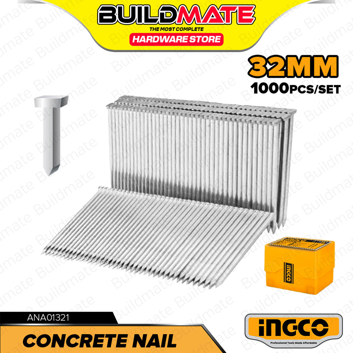 BUILDMATE Ingco 1000PCS/BOX Concrete Nail Tacker 18mm - 50mm For Air C ...