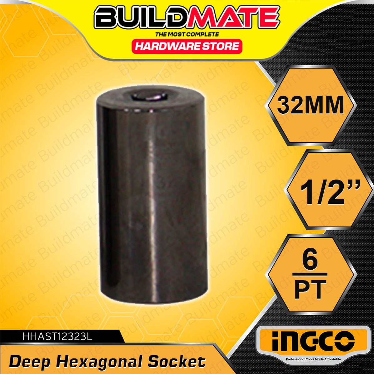 BUILDMATE Ingco 1/2" Inch Deep Hexagonal Sockets 8mm-32mm Cr-V Hexagon ...