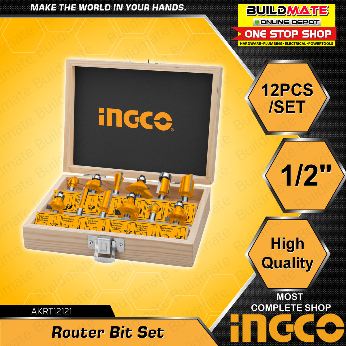 INGCO Router Bits SET 12pcs 12mm (1/2") AKRT12121 •BUILDMATE• IHT ...