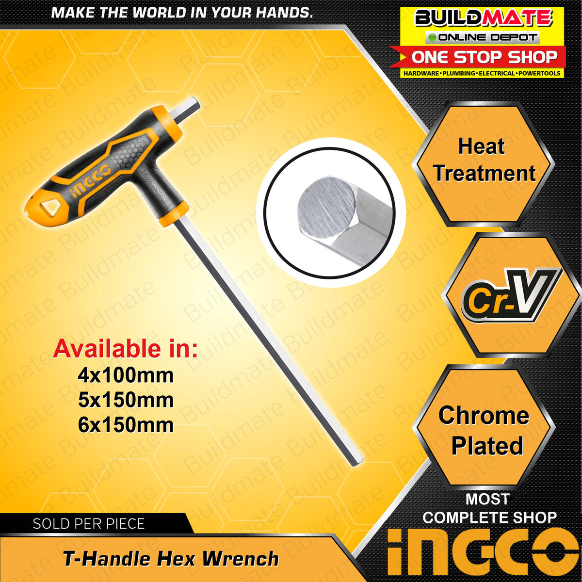 INGCO T-Handle Hex Wrench Hand Tools Cr-V 4x100mm | 5x150mm | 6x150mm ...