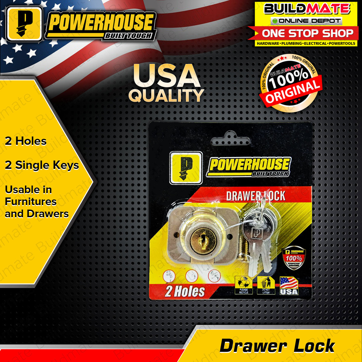 POWERHOUSE Drawer Lock 2 Holes •BUILDMATE• PHDH — Buildmate