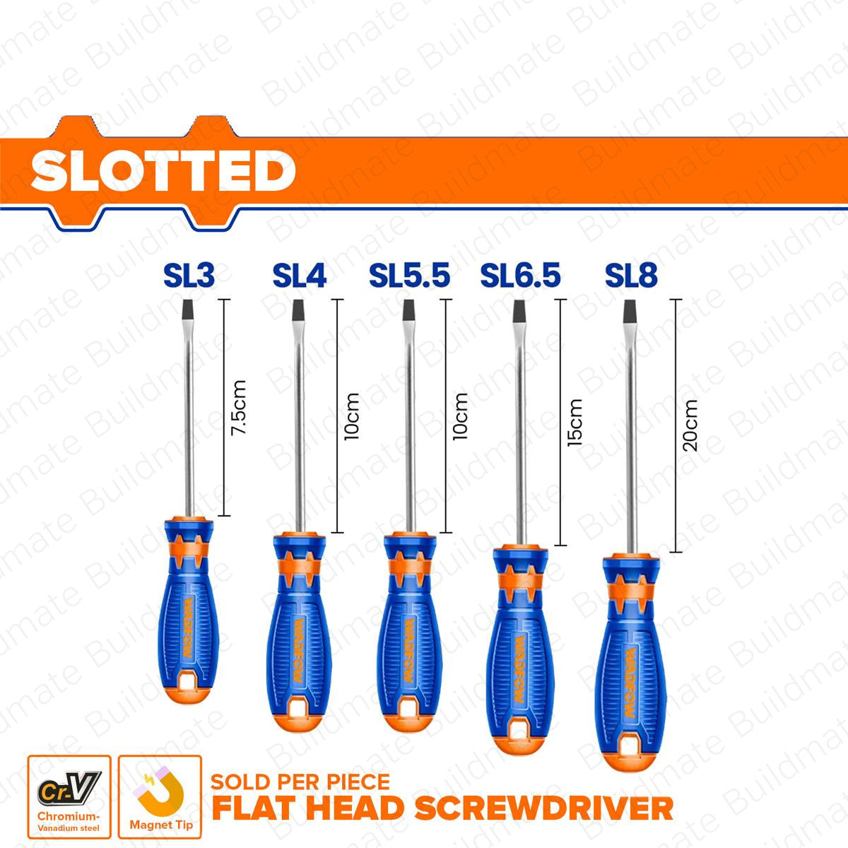 WADFOW 75MM-200MM Slotted Screwdriver Cr-V Flat Head Screw Driver Hand ...