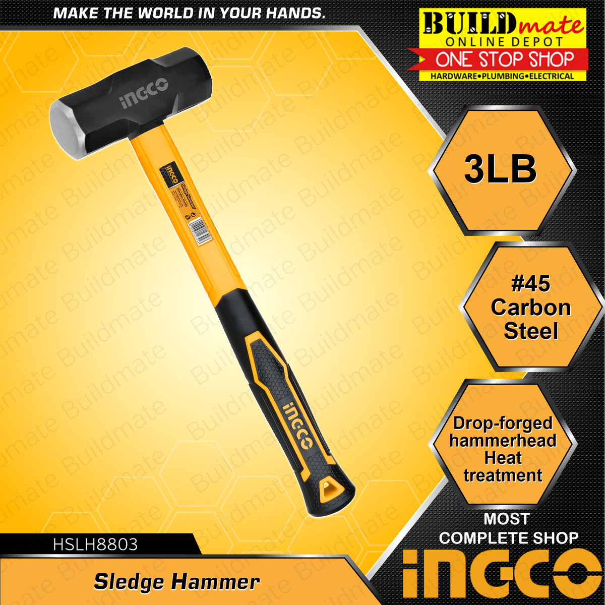 INGCO Sledge Hammer Stoning Maso 3Lbs Carbon Steel w/ Fiberglass Handl ...