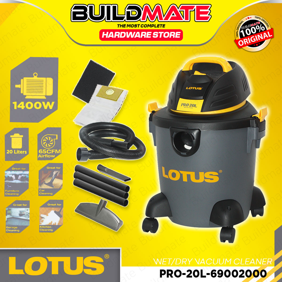 BUILDMATE Lotus 20L 1400W Vacuum Cleaner Wet & Dry for Dust Dirt Self ...