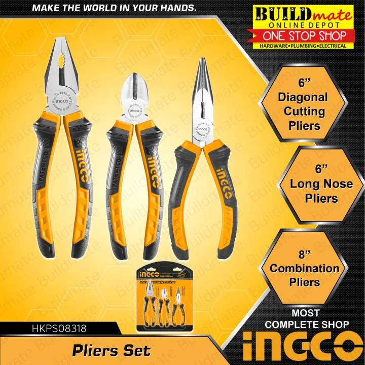 INGCO 3PCS Combination Plais Long Nose Diagonal Pliers Wire Cutter Set ...
