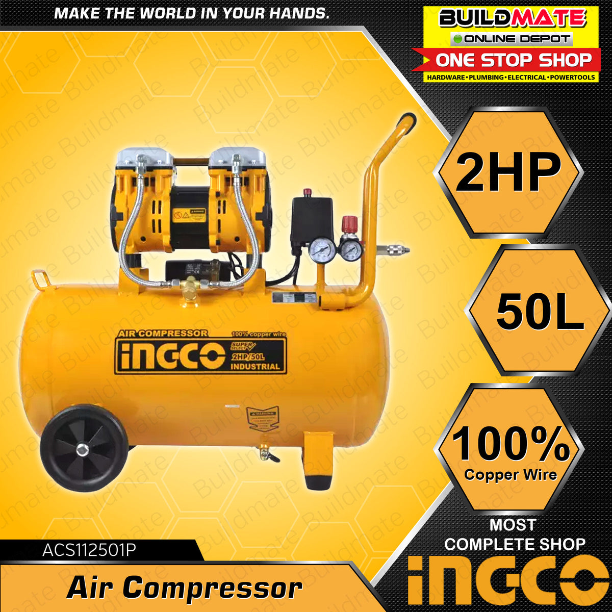 INGCO INDUSTRIAL Air Compressor 2HP 24L | 50L SOLD PER PIECE •BUILDMAT ...