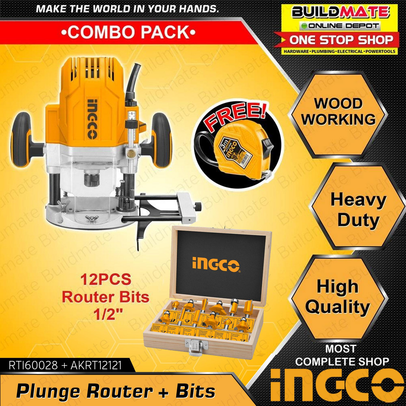 [COMBO] INGCO Plunge Router 1600W RT160028 + 12PCS Router Bits 1/2" AK ...
