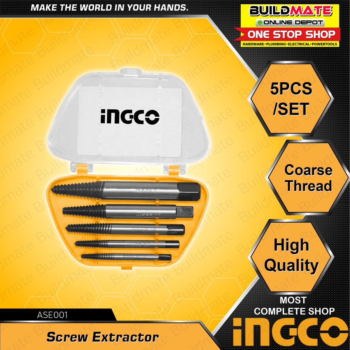 INGCO Screw Extractor Set 5PCS Course Thread 48-52HRC Easy Out Drill S ...