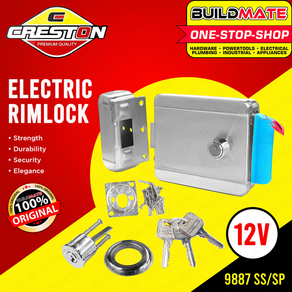 CRESTON Electric Rim Lock 12V STAINLESS STEEL 9887/SS/SP •BUILDMATE ...