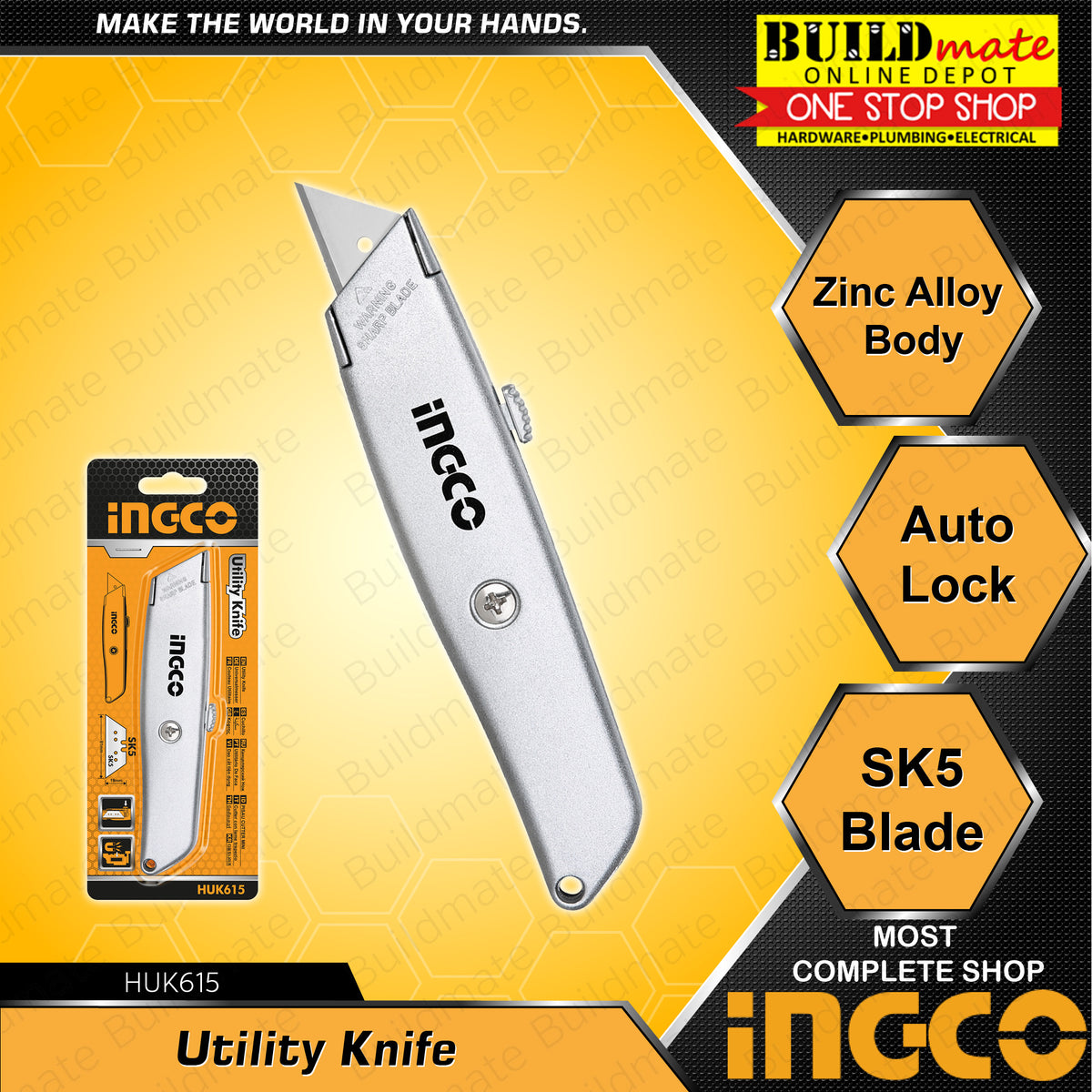 INGCO Utility Knife Zinc Alloy Body HUK615 •BUILDMATE• IHT — Buildmate