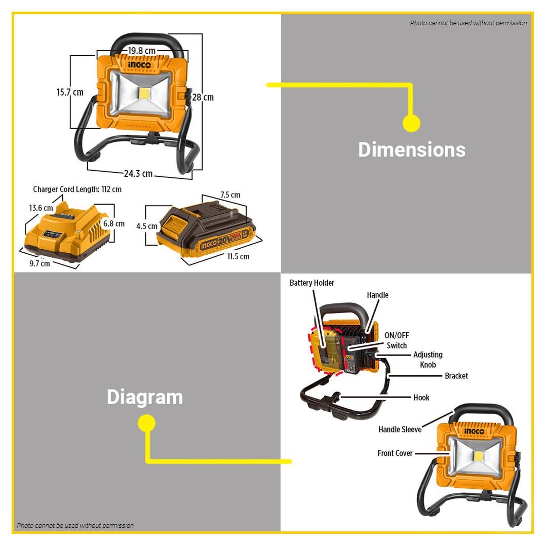 INGCO Cordless Lithium Ion Safety Rechargeable Work Lamp LED Light 20V ...