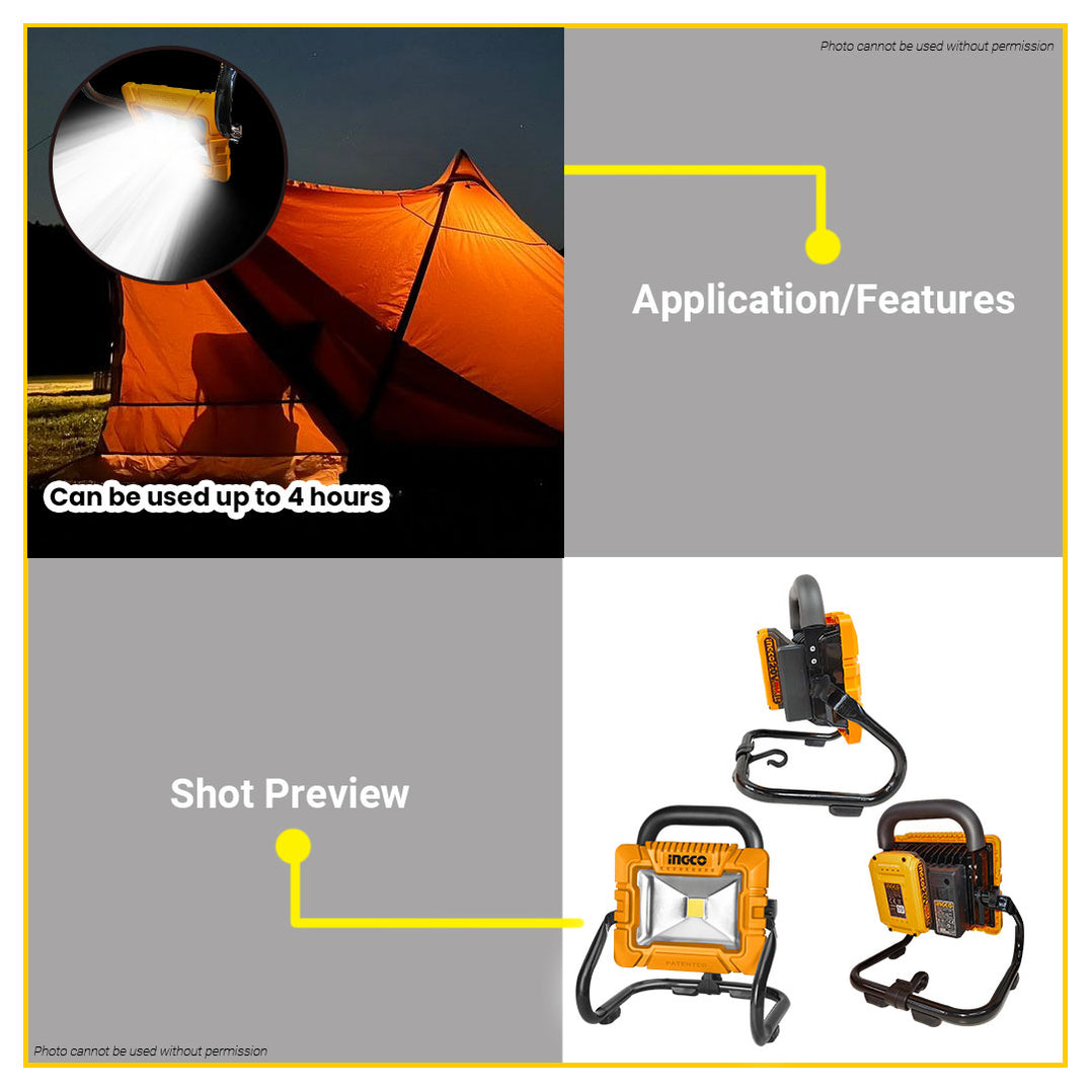 INGCO Cordless Lithium Ion Safety Rechargeable Work Lamp LED Light 20V ...