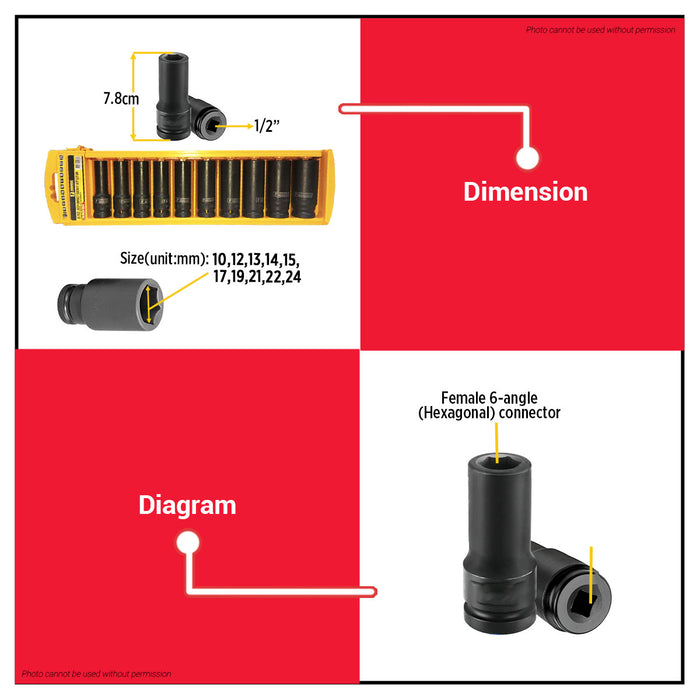 PowerHouse 10pcs 1/2 Drive Deep Impact Socket Set PH-DIS10-10SET PHHT ...