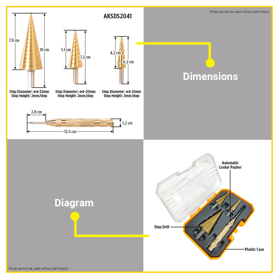 BUILDMATE Ingco Step Drill Bit Set HSS 4341 Cone Drilling Bits for She ...