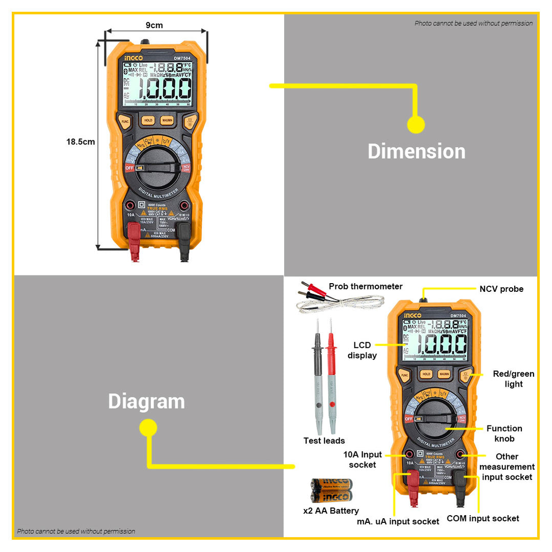 BUILDMATE Ingco Digital Multimeter Tester 6000Counts Non-Contact Voltm ...