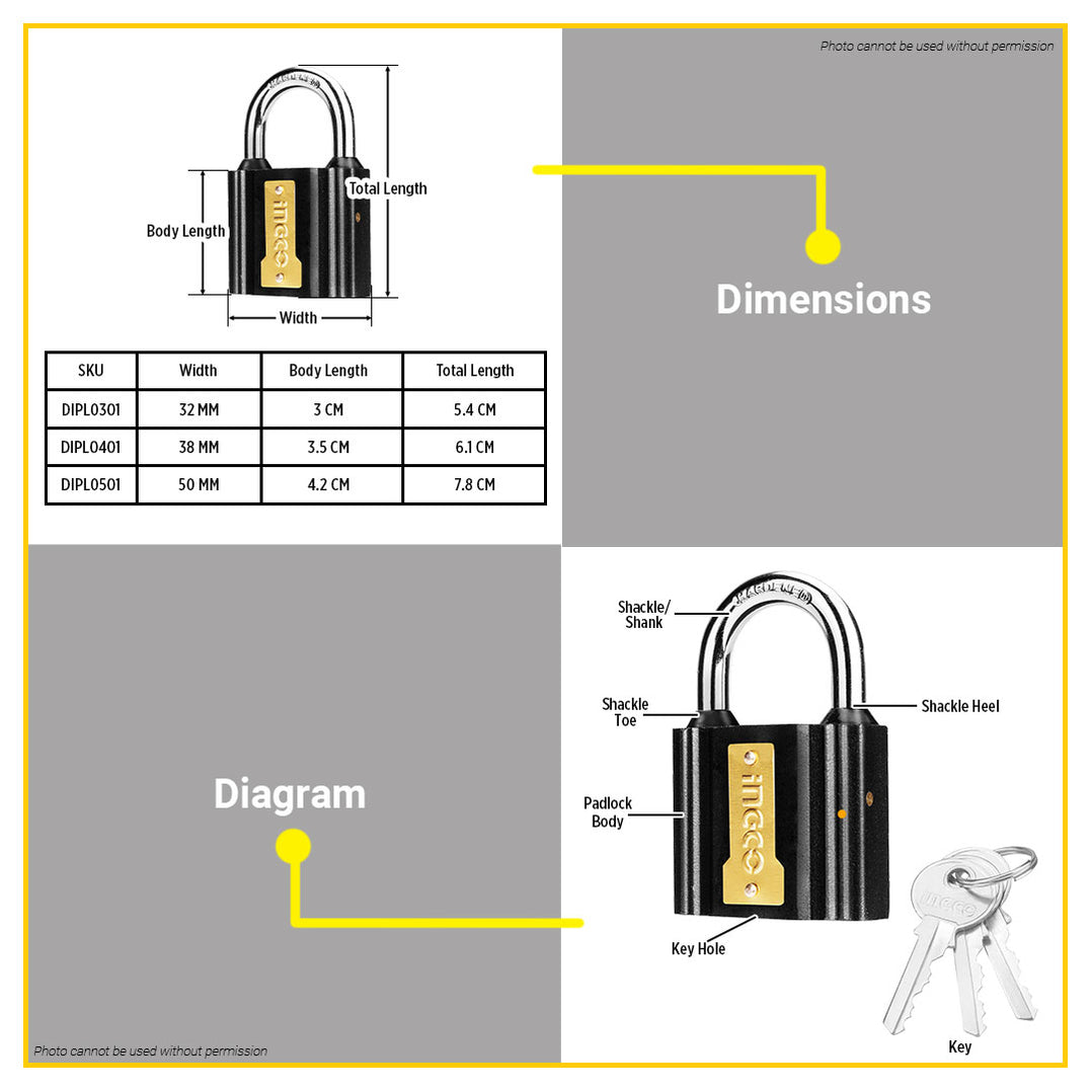 BUILDMATE Ingco Iron Padlock 32mm-50mm Short Shackle with 3pcs Iron Ke ...