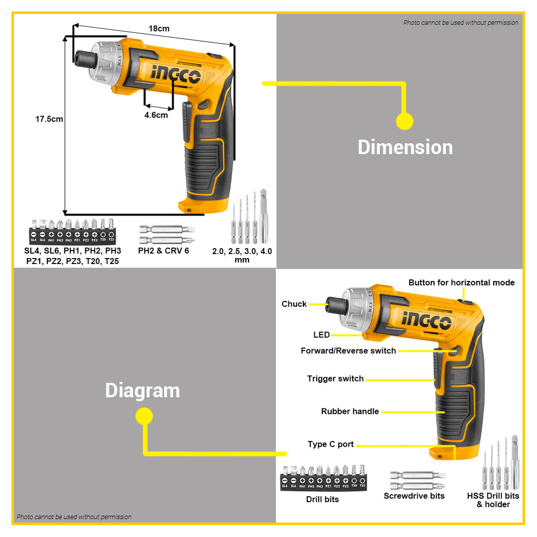 INGCO Lithium-Ion Cordless Screwdriver Set 4V / 8V with Handheld with ...