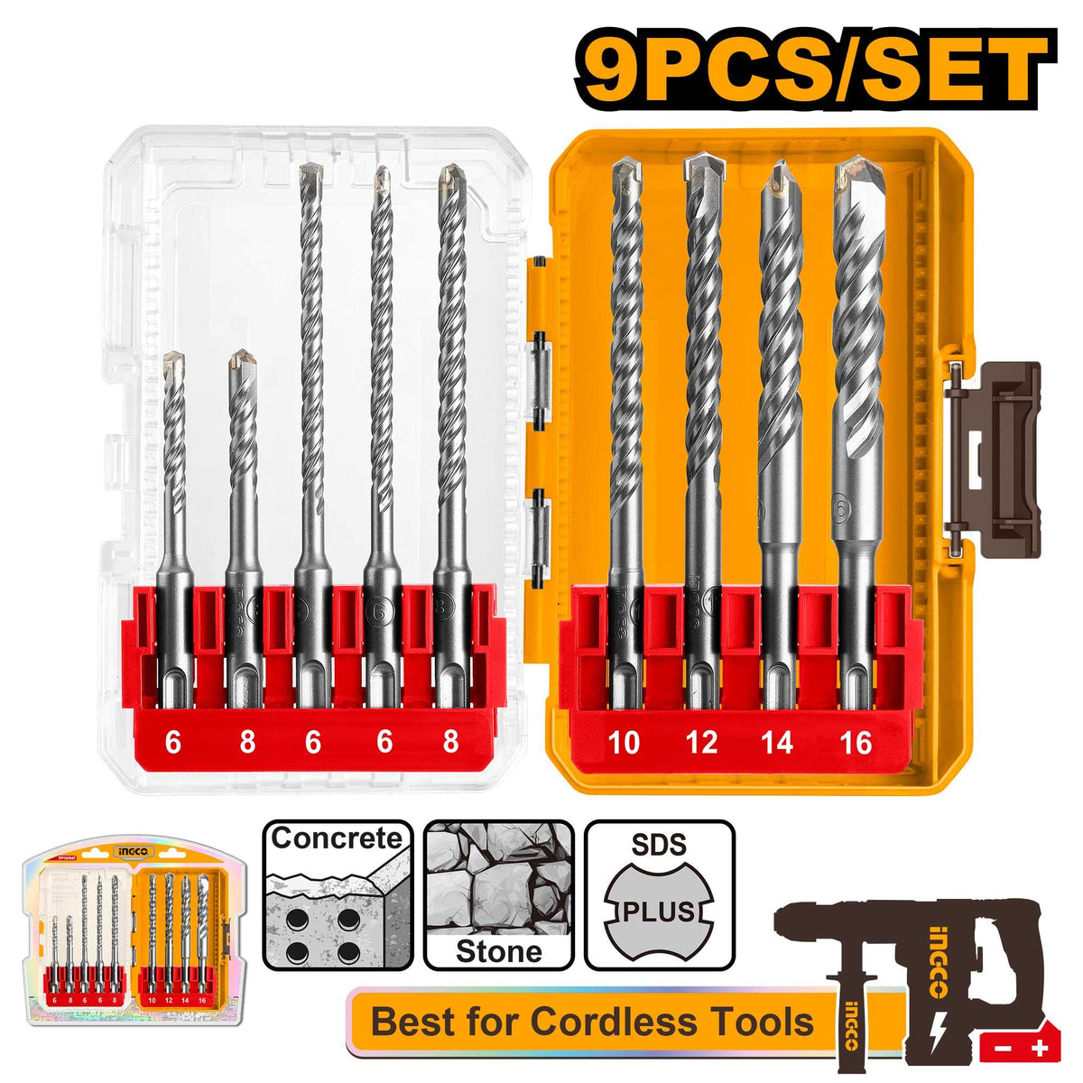 INGCO 9pcs SDS Plus Hammer Drill Bits Set AKDL30906 IHT — Buildmate
