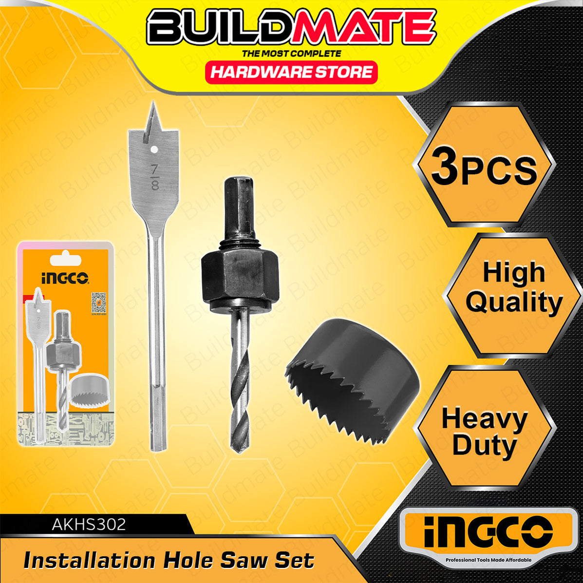 BUILDMATE Ingco 3pcs Hole Saw Lock Installation Kit Set Hole Cutter AK ...