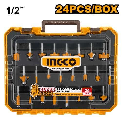 INGCO 24pcs Router Bits Set 1/2" / 1/4" Shank Woodworking Carbide Roun ...